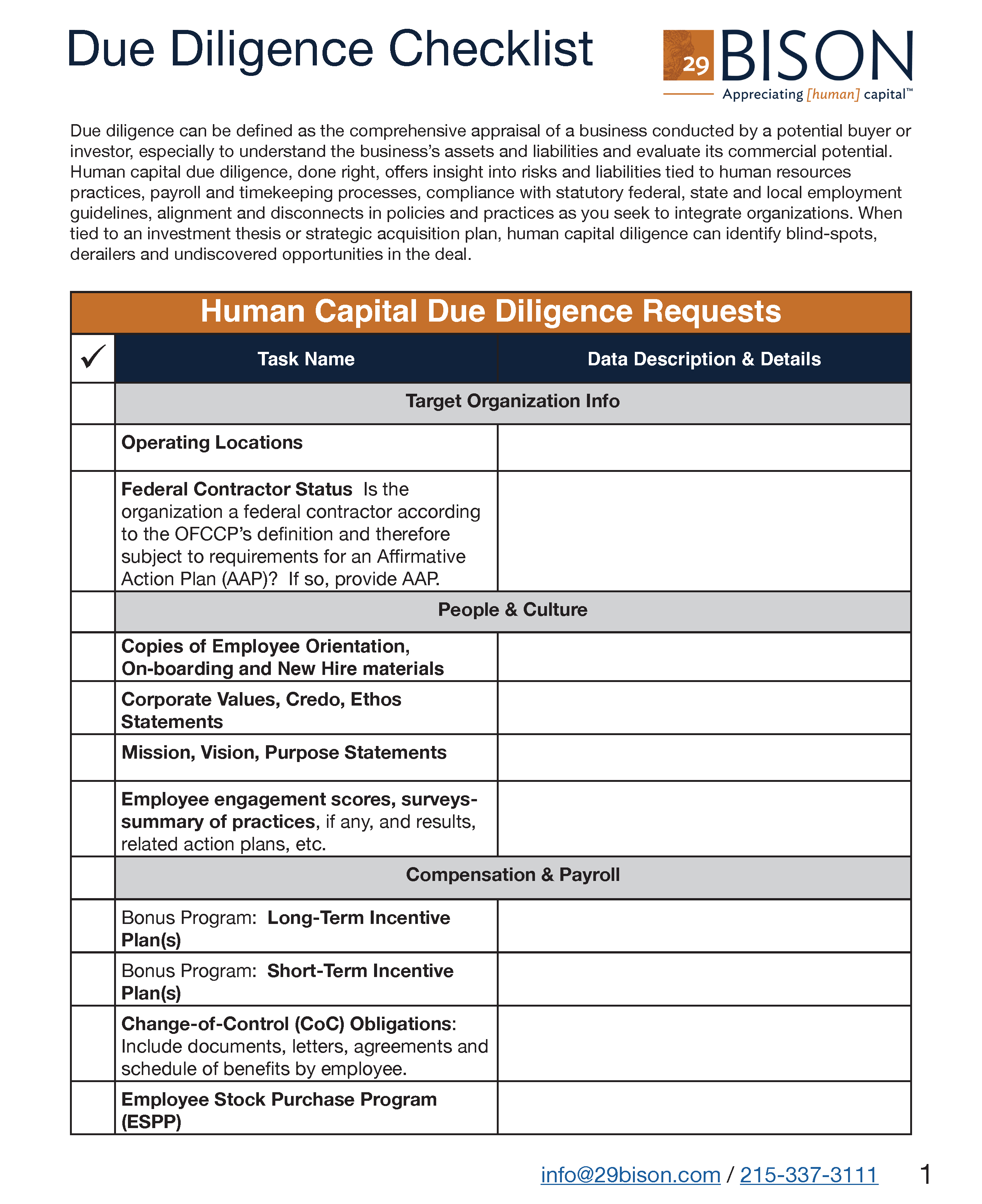 HR Due Diligence Checklist | Streamline M&A Success with 29Bison